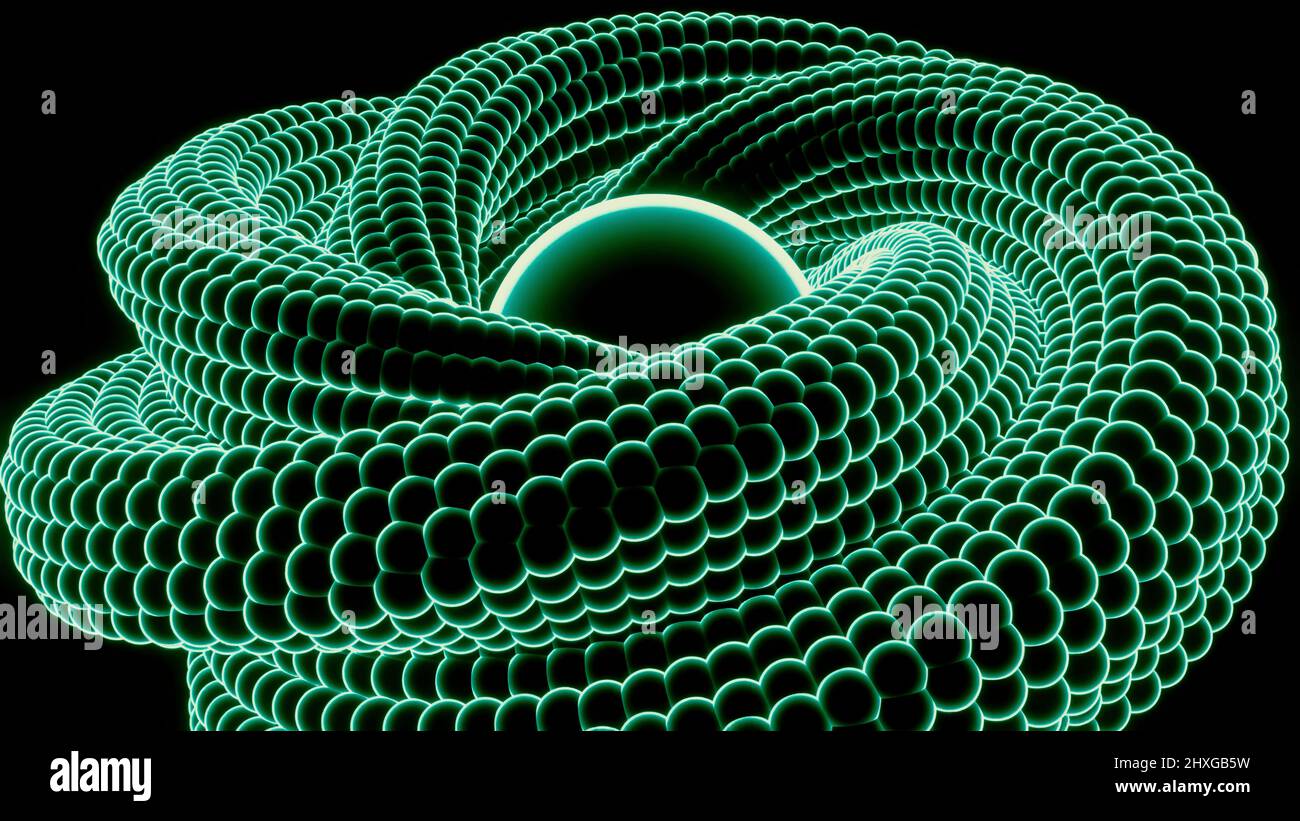 Animation of spheres assembled in a spiral shape twisting on a black ...