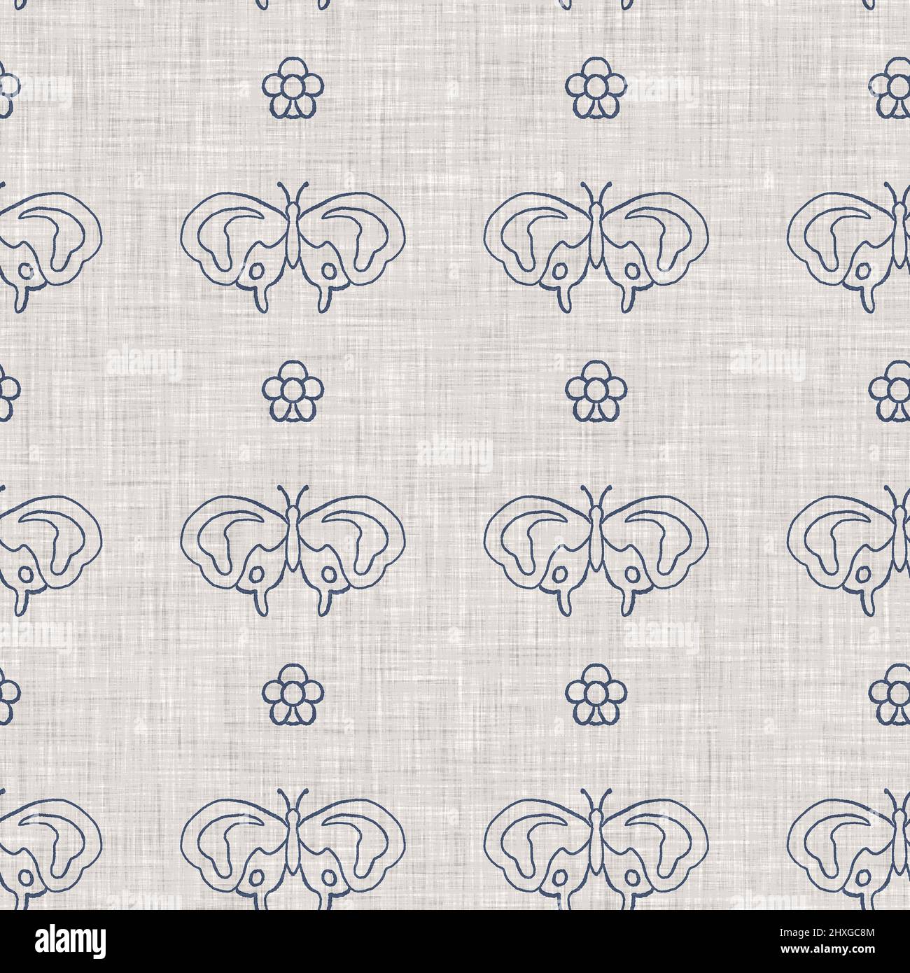 Farmhouse blue butterfly linen seamless pattern. Tonal french country ...