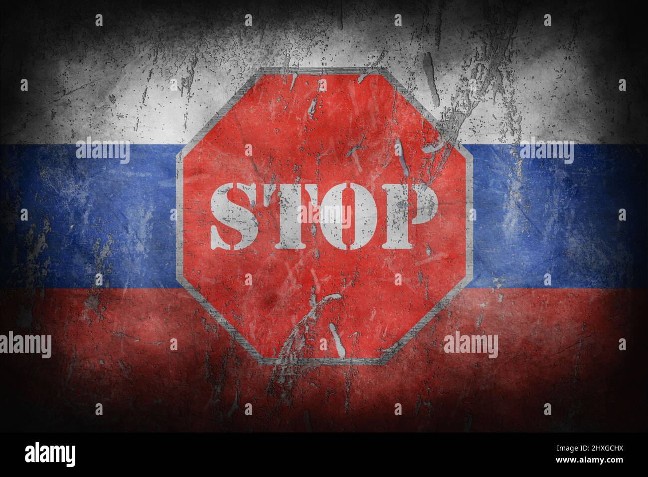 Russian flag with stop sign grunge look . Scratches and cracks ...
