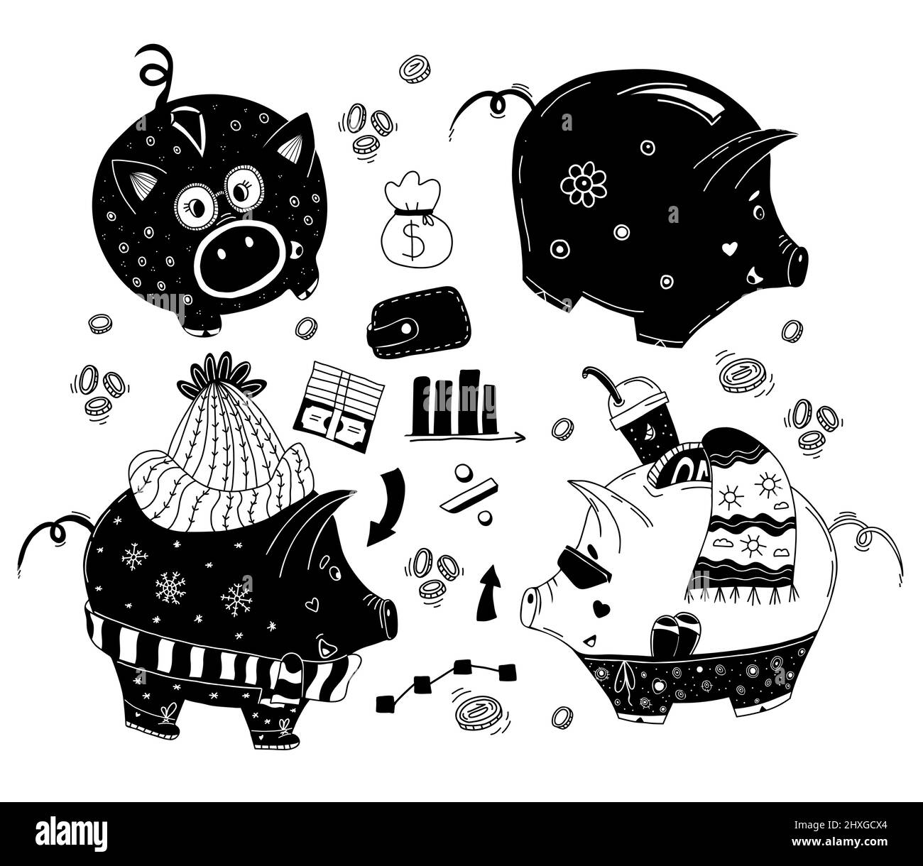 Collection of different cute pigs piggy banks, coins and money ...