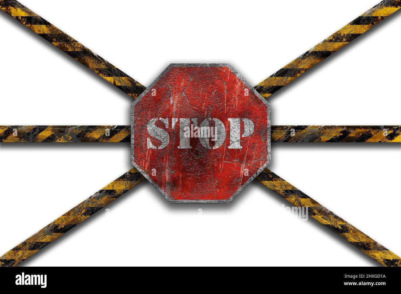 Stop sign and caution tape grunge, worn and damaged look 3D ...