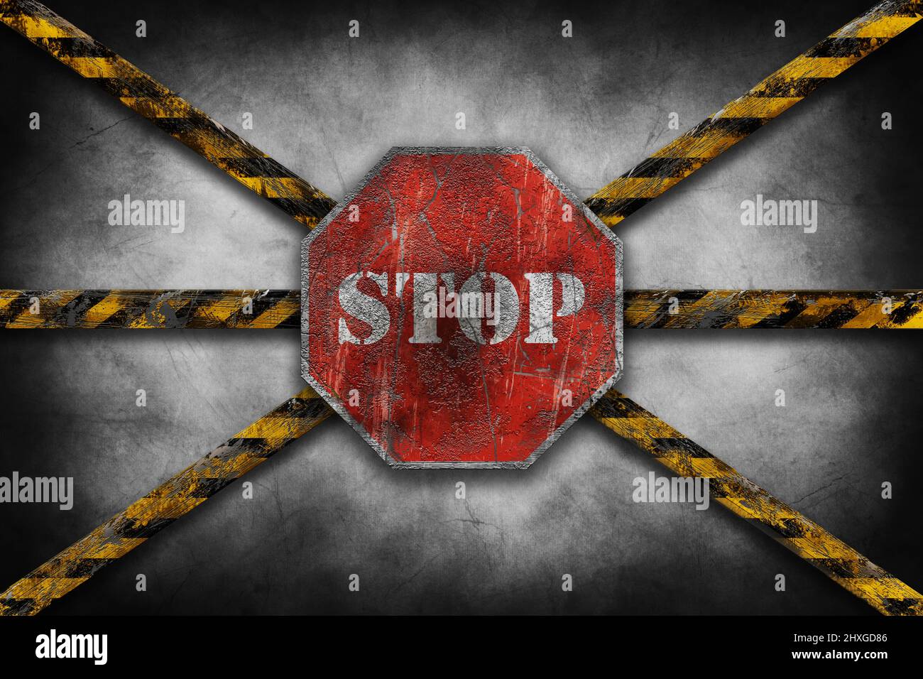 Stop sign and caution tape grunge, worn and damaged look 3D ...