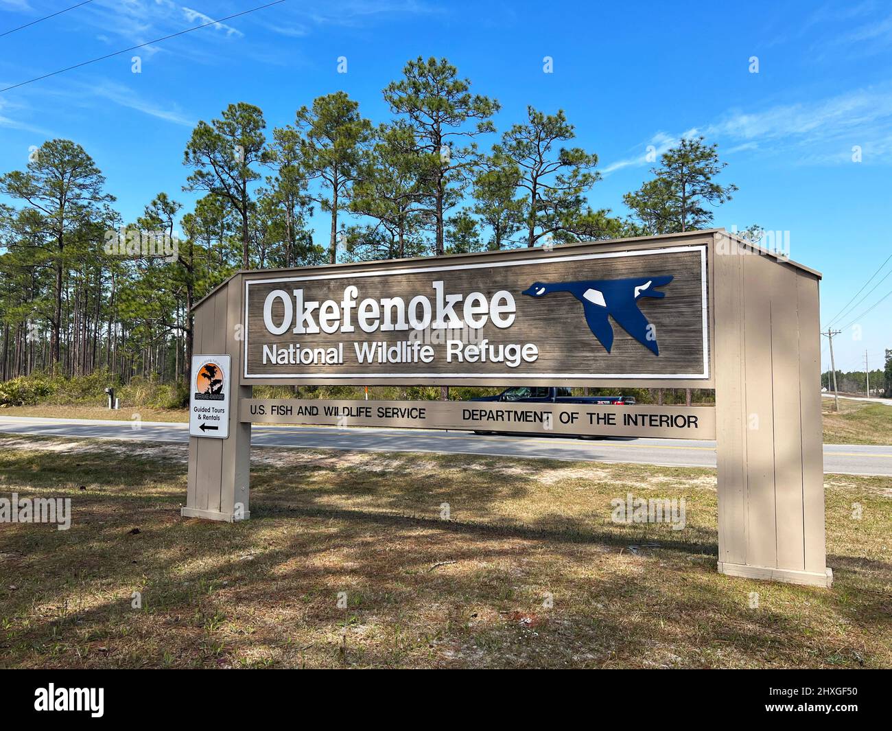 Folkston, Georgia, USA - March 3, 2022: Entrance sign at the Okefenokee ...