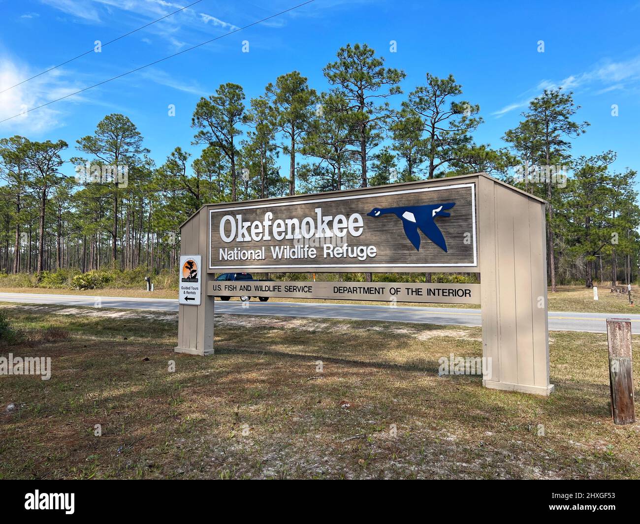 Folkston, Georgia, USA - March 3, 2022: Entrance sign at the Okefenokee ...