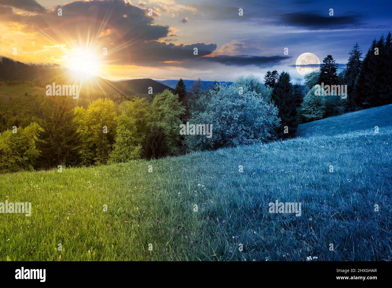 day and night time change in carpathian mountains. beautiful nature ...