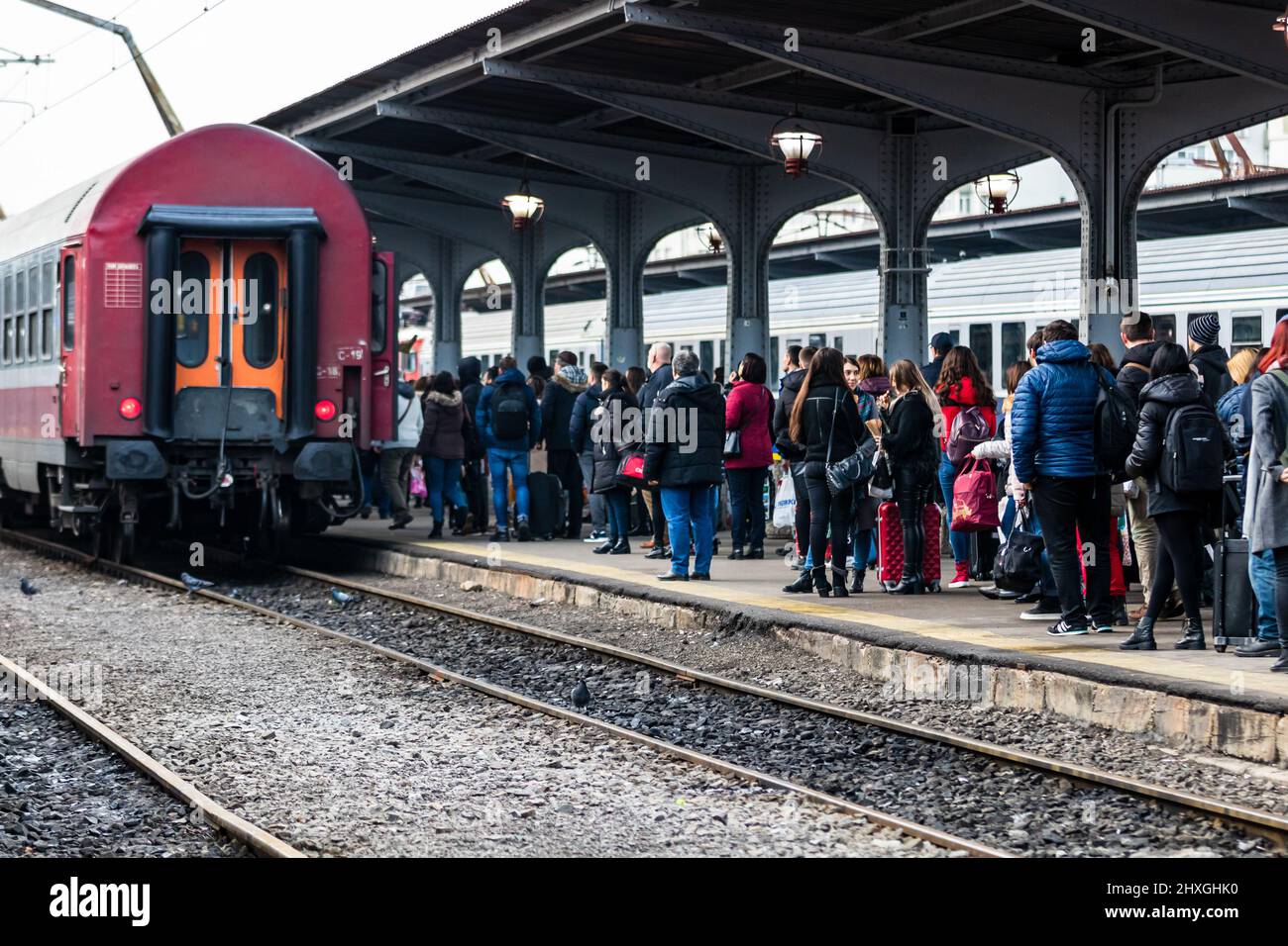 Train in motion or at train platform at Bucharest North Railway Station ...