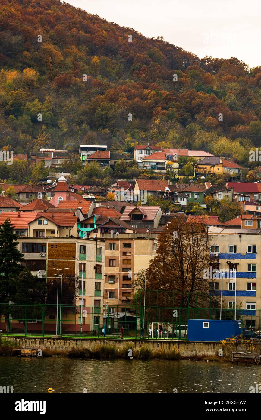 View of Danube river and Orsova city vegetation and buildings ...