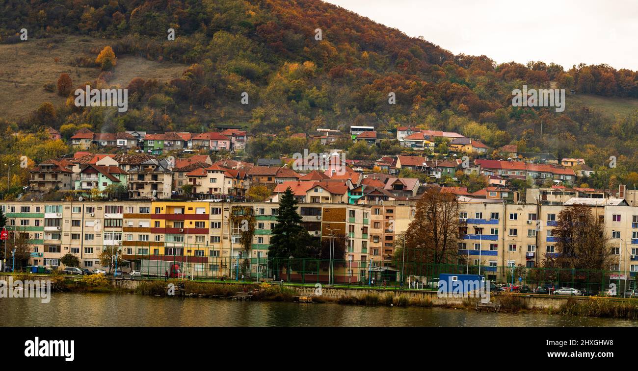 View of Danube river and Orsova city vegetation and buildings ...