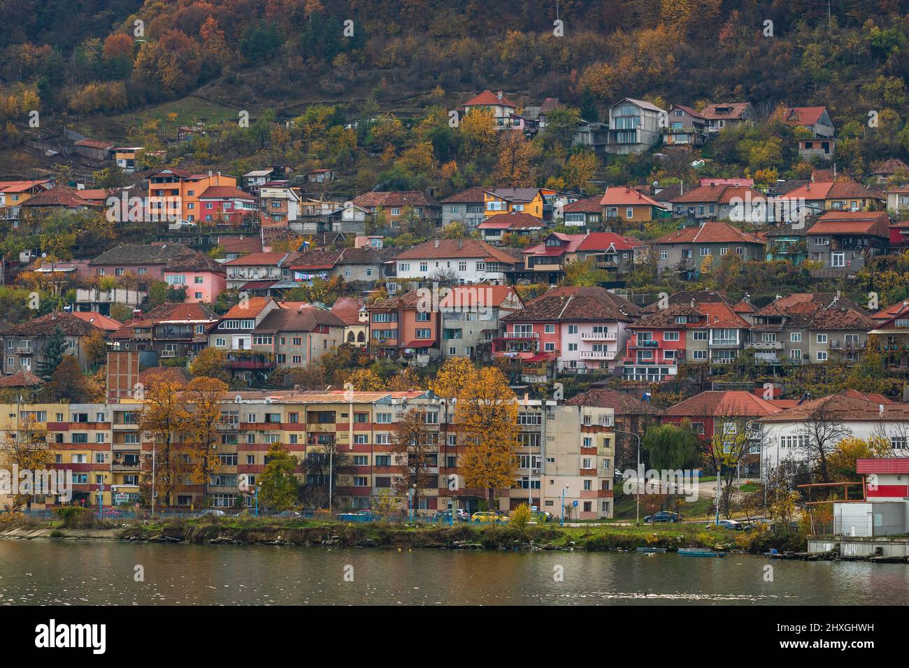 View of Danube river and Orsova city vegetation and buildings ...