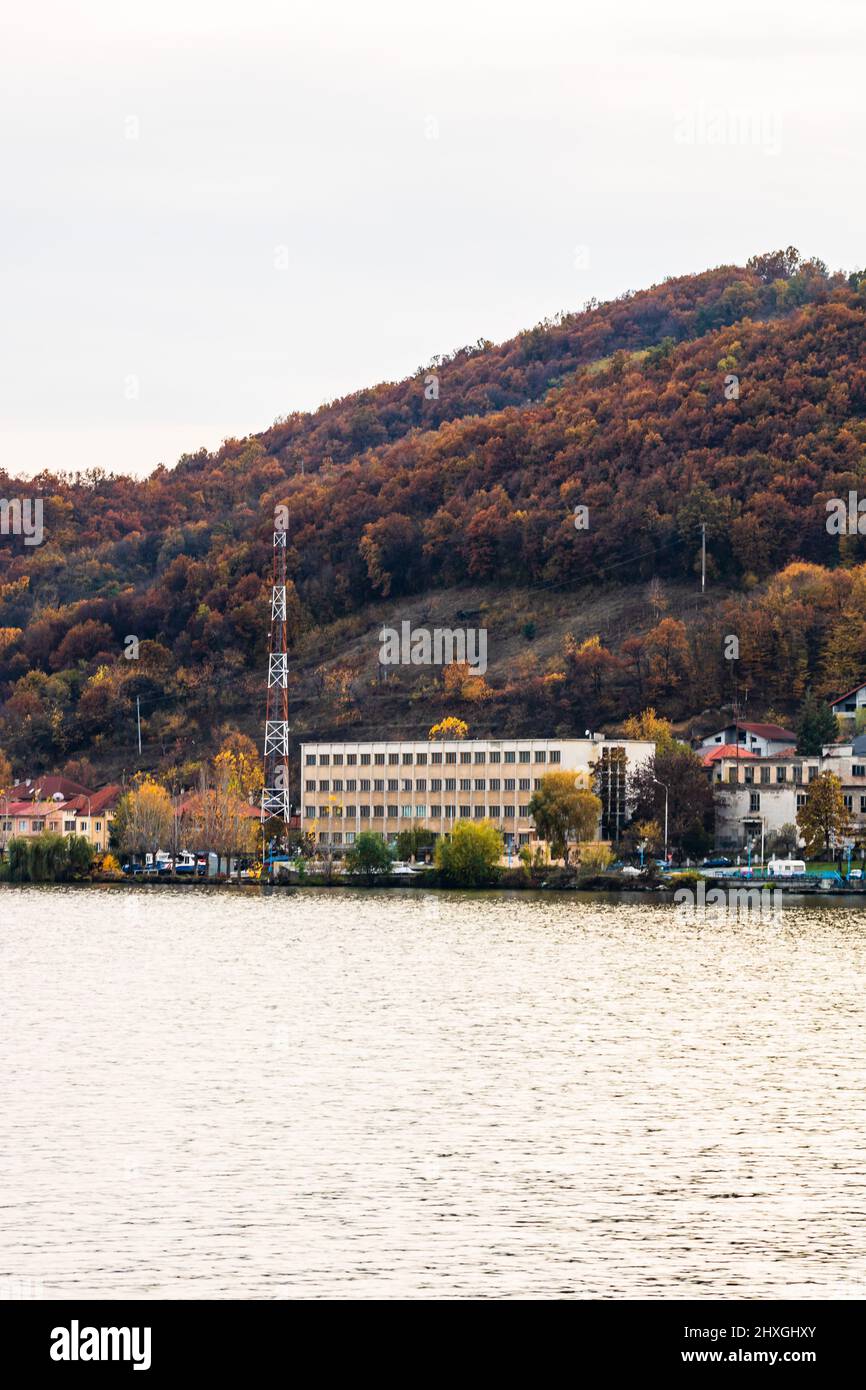 View of Danube river and Orsova city vegetation and buildings ...
