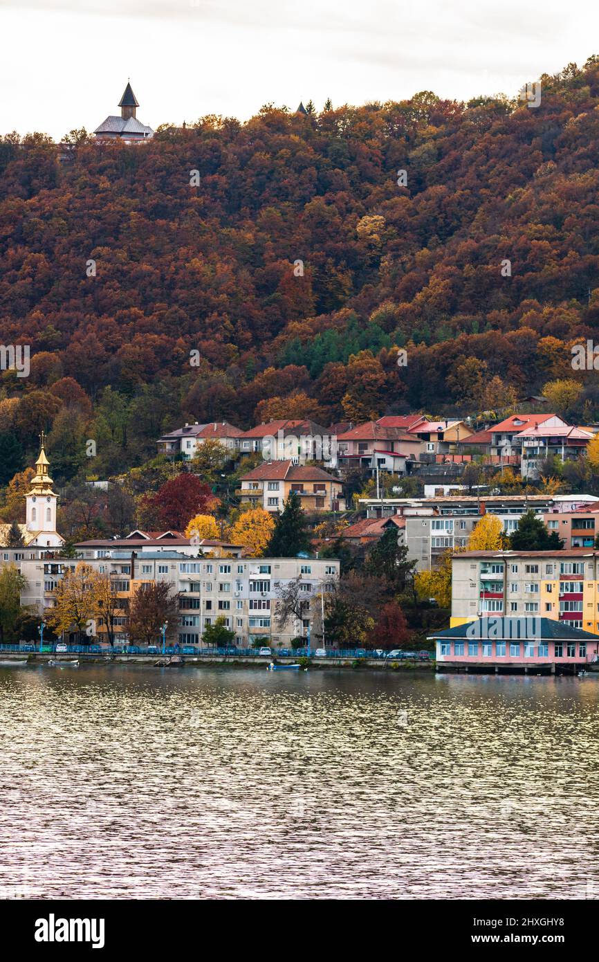 View of Danube river and Orsova city vegetation and buildings ...