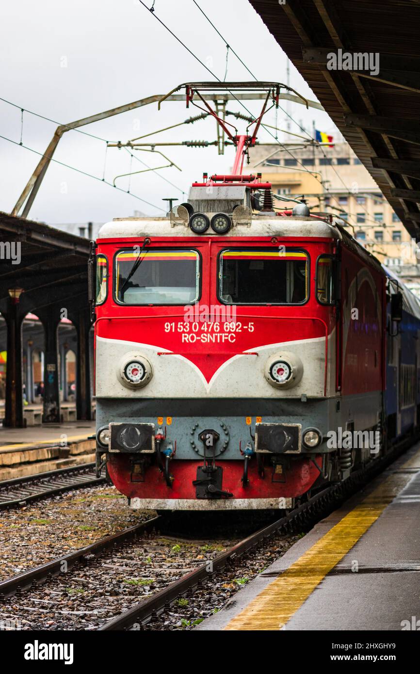 Train in motion or at train platform at Bucharest North Railway Station ...