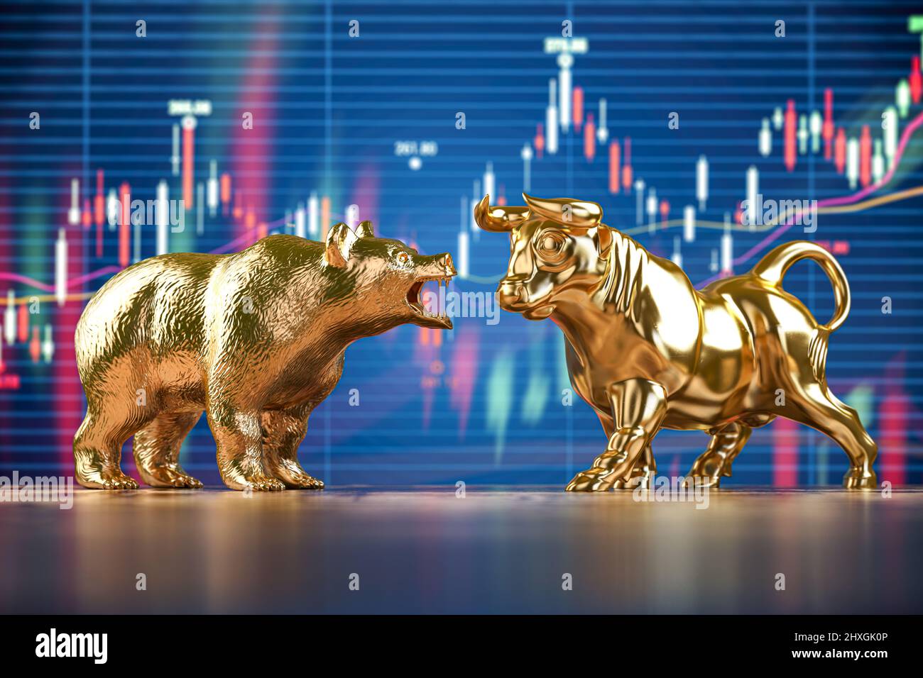 Golden bull and bear on stock data chart background. Investing, stock ...