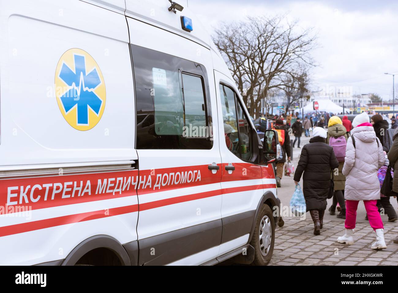 Lviv, Ukraine - March 8, 2022 : Ukrainian ambulance at Lviv railway ...