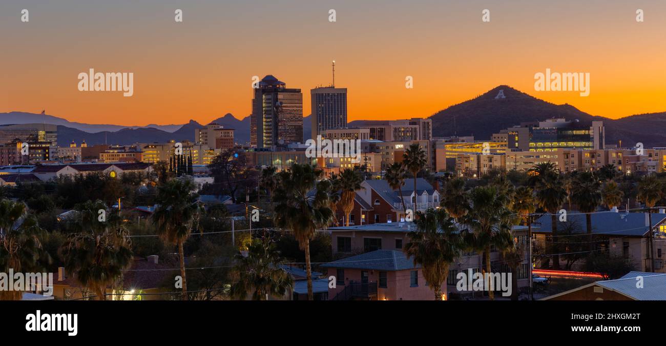 Tucson skyline at sunset with mountains in the background Stock Photo ...