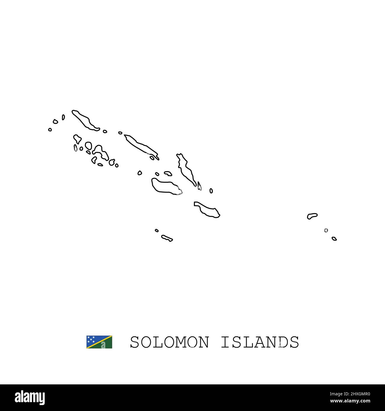 Solomon Islands map line, linear thin vector simple outline and flag. Black on white background ...