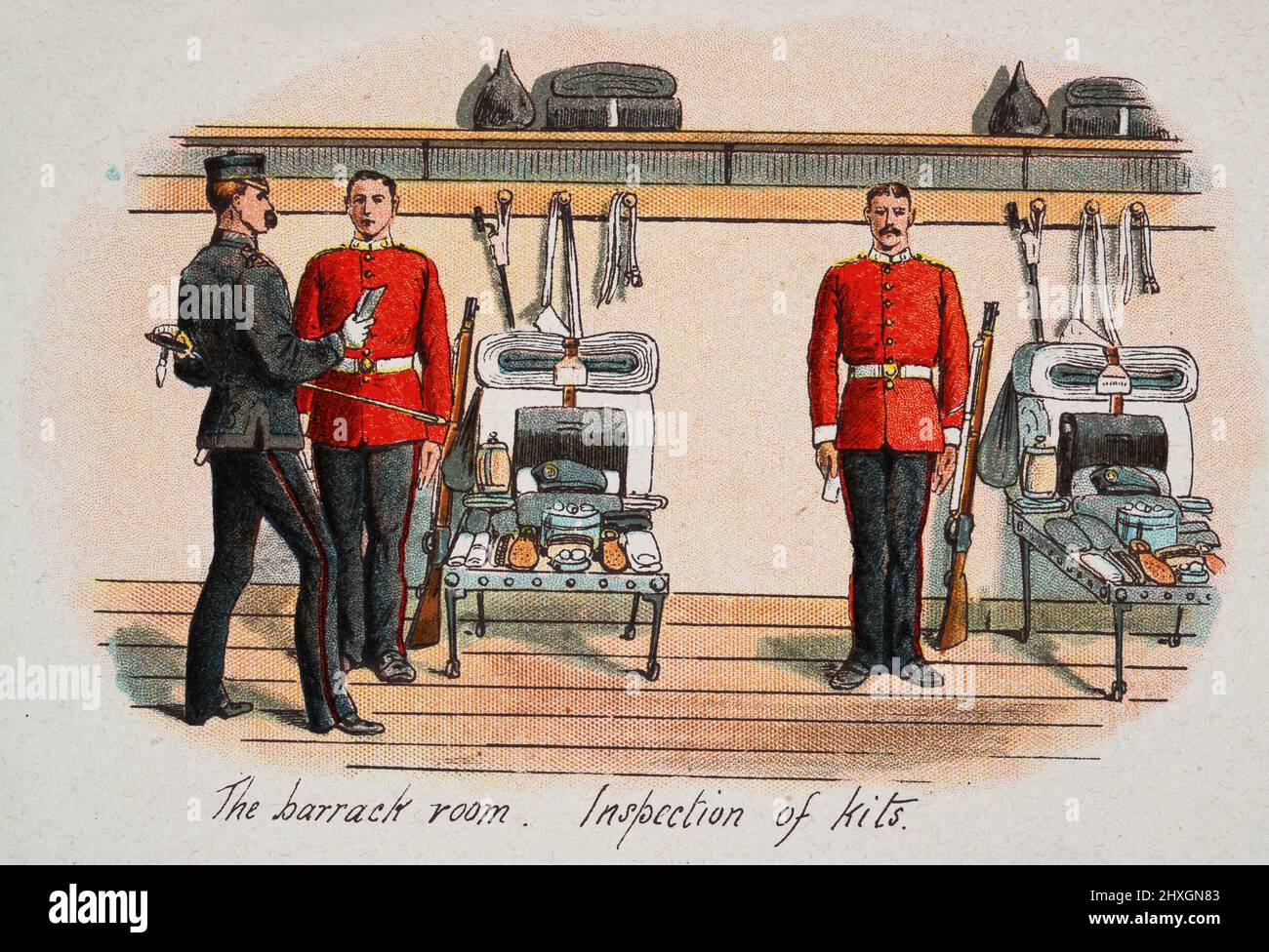 Vintage illustration of The barrack room, Inspection of kits, Victorian ...