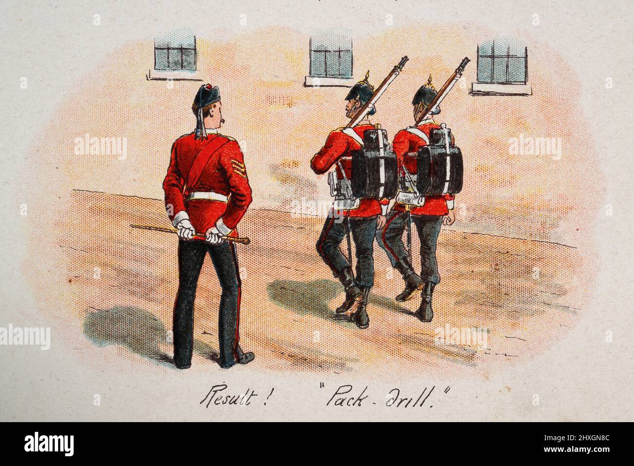 Vintage illustration of soldiers going through pack drill, victorian british military 19th ...