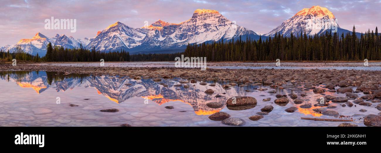 Mount Fryatt and Whirlpool Peak with the Athabasca River at sunrise ...