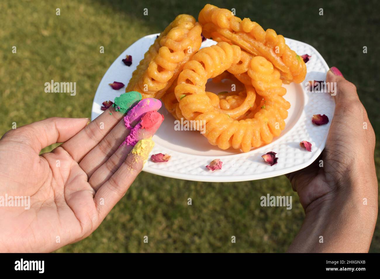 Female holding Imarti sweets, popular sweet dish from India. Circular ...