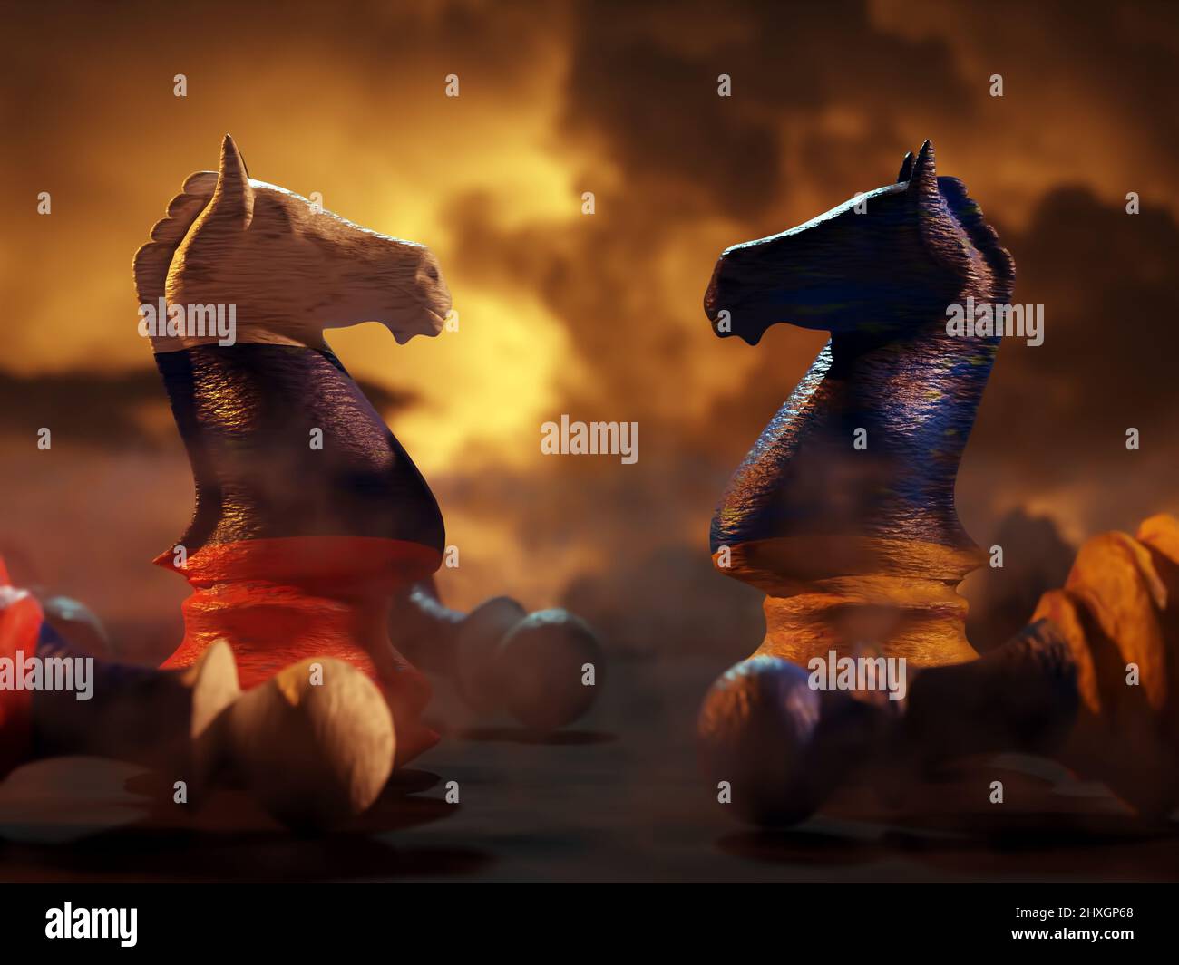 3D rendering of two chess knights with Russian and Ukrainian flags ...