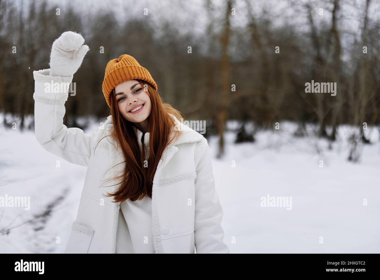 portrait of a woman Walk in winter field landscape outdoor ...
