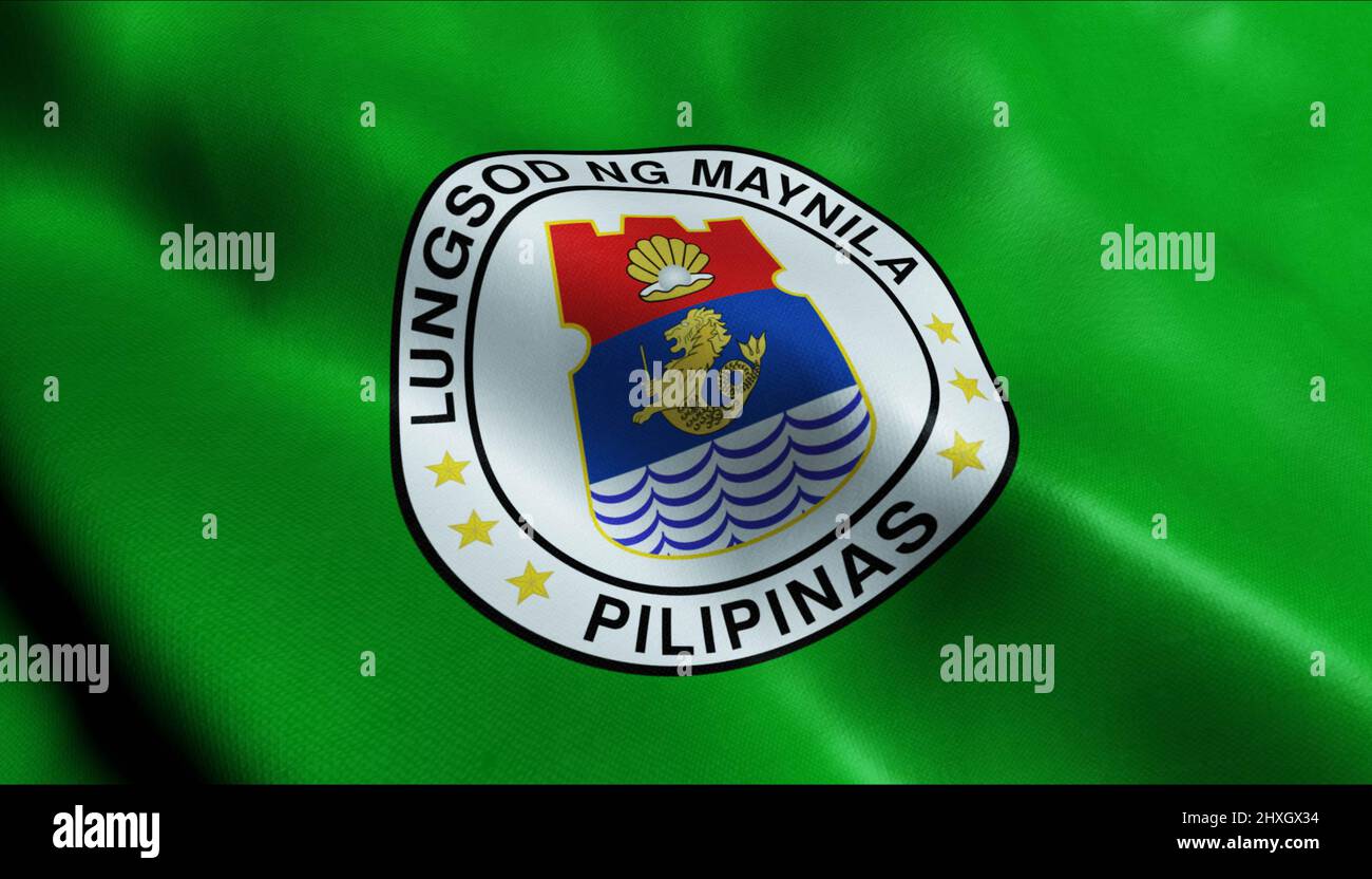 3D Illustration of a waving Philippines city flag of Manila Stock Photo ...
