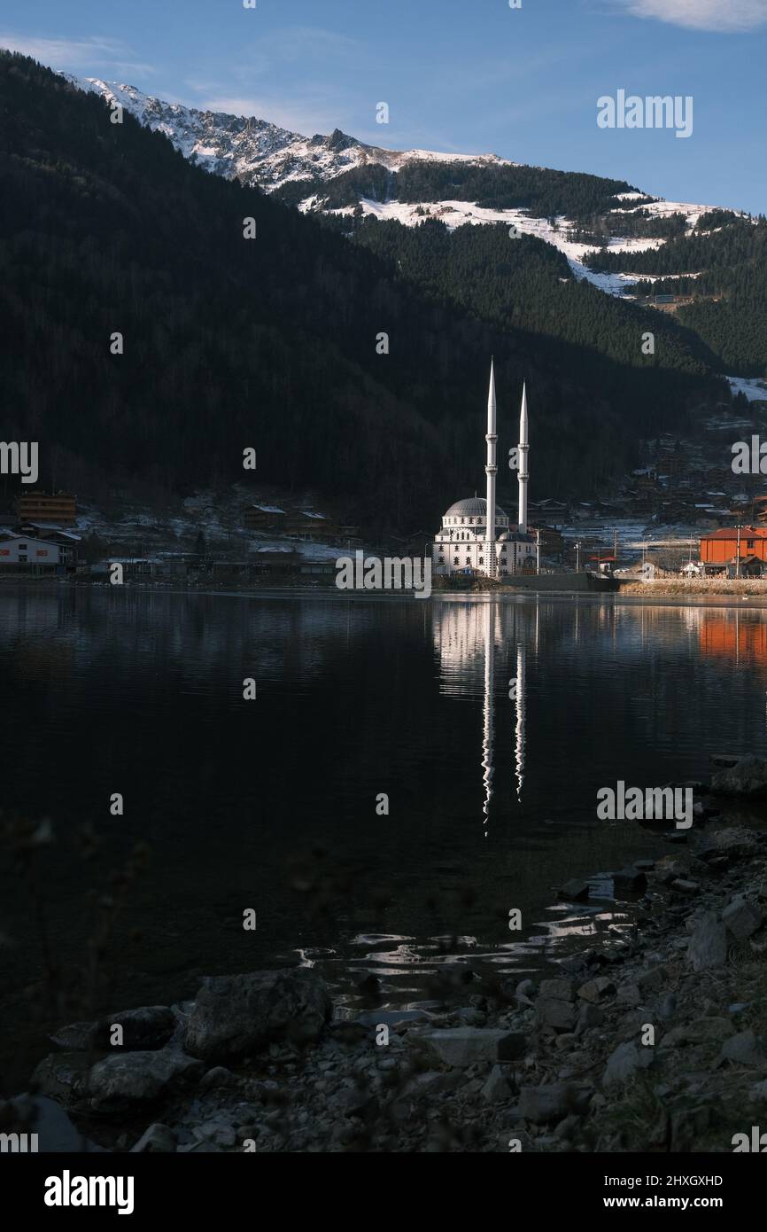 Uzungol, Trabzon, Turkey. Lake and water surface with mosque and ...