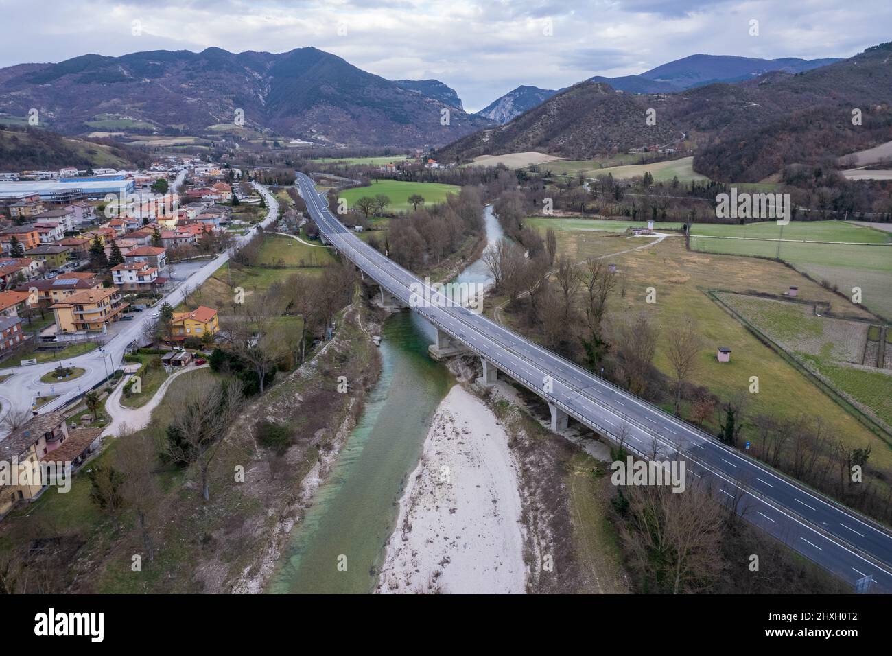 Aerial view of town Acqualagna in Marche region in Italy Stock Photo ...