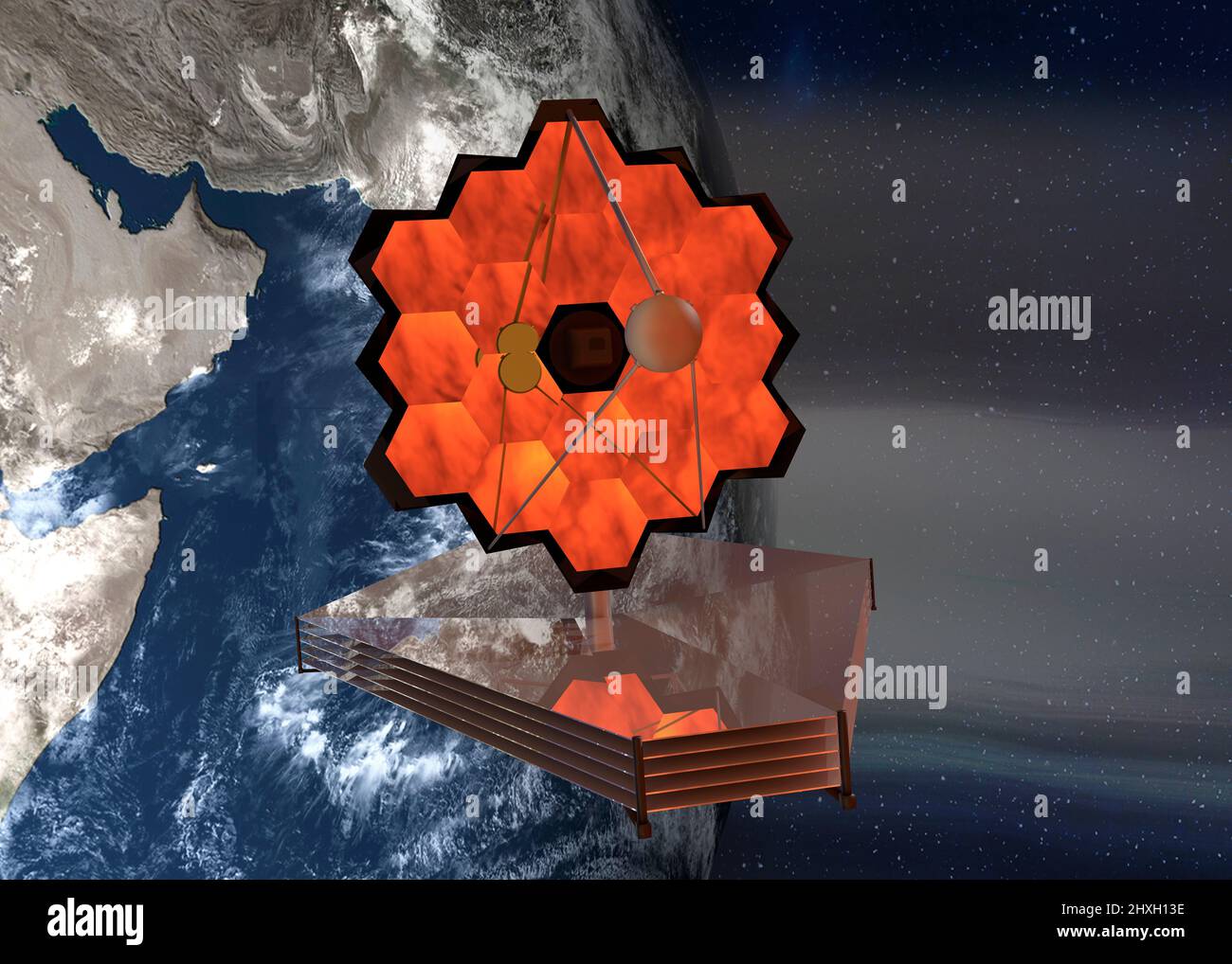 James Webb telescope near Earth planet in outer space. 3D rendered ...
