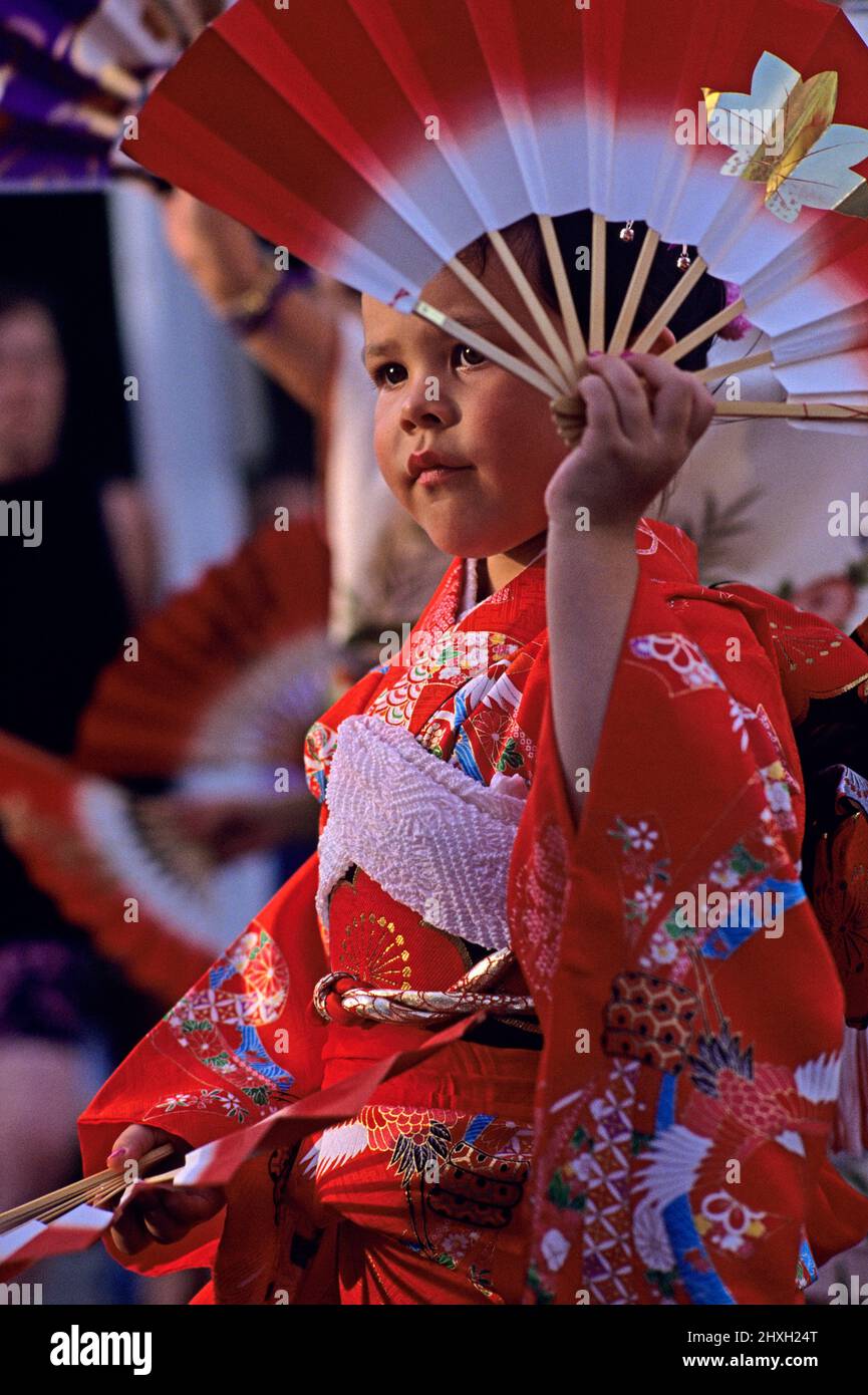 Young girl dancing with fan at the Bon Odori celebration Seattle ...