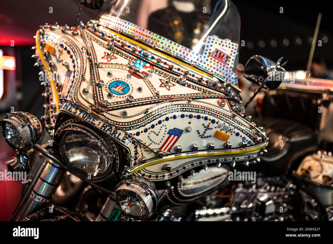 motorcyle decorated by Russ Townsend with red, blue and white ...