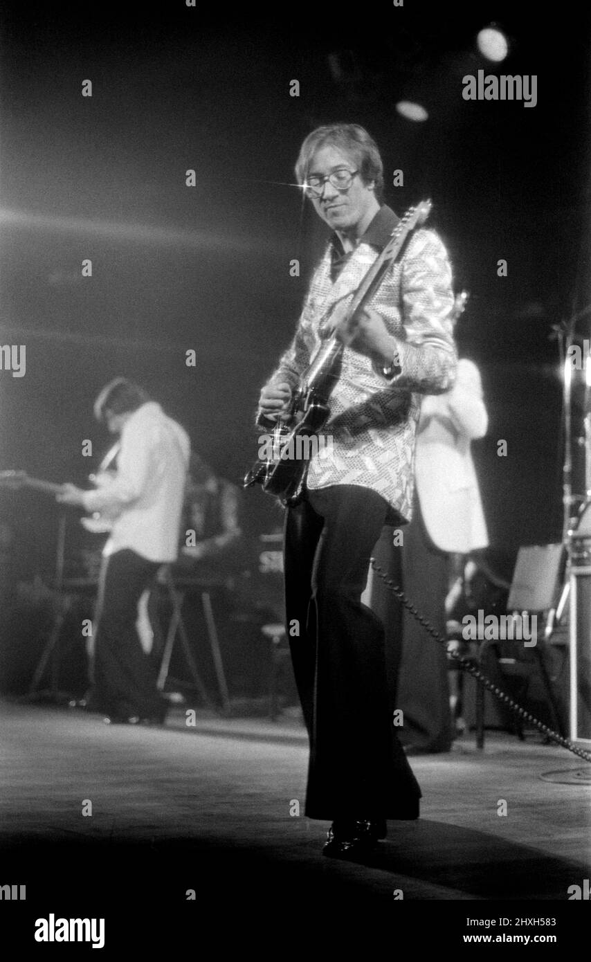 English musician Hank Marvin performing with The Shadows at the Royal ...