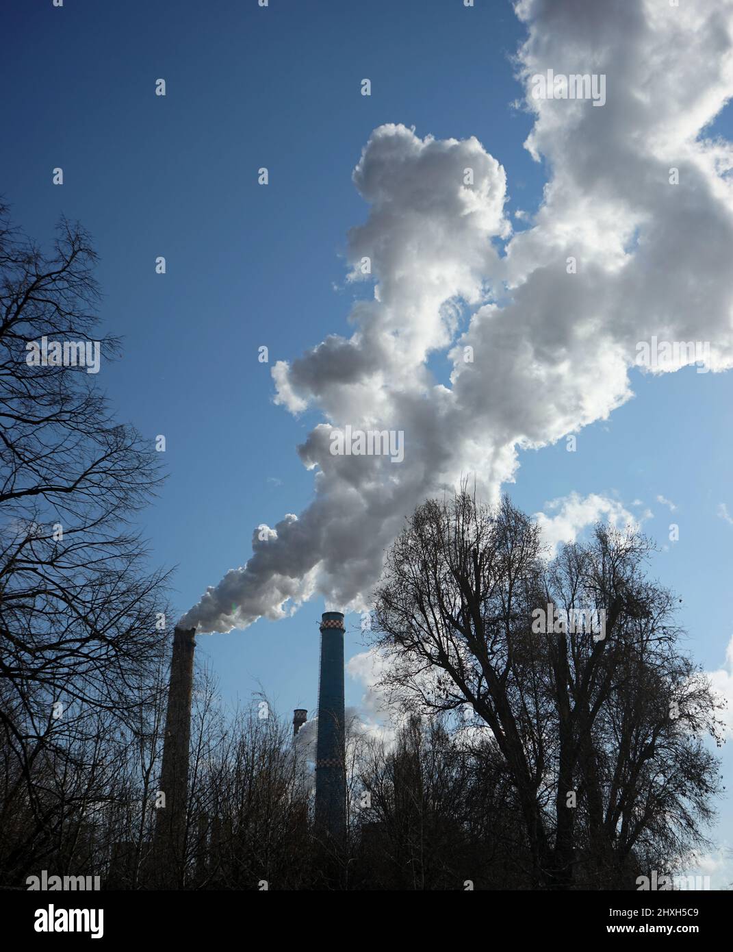 Bucharest, Romania - March 10, 2022: The chimneys of the CET Sud power ...