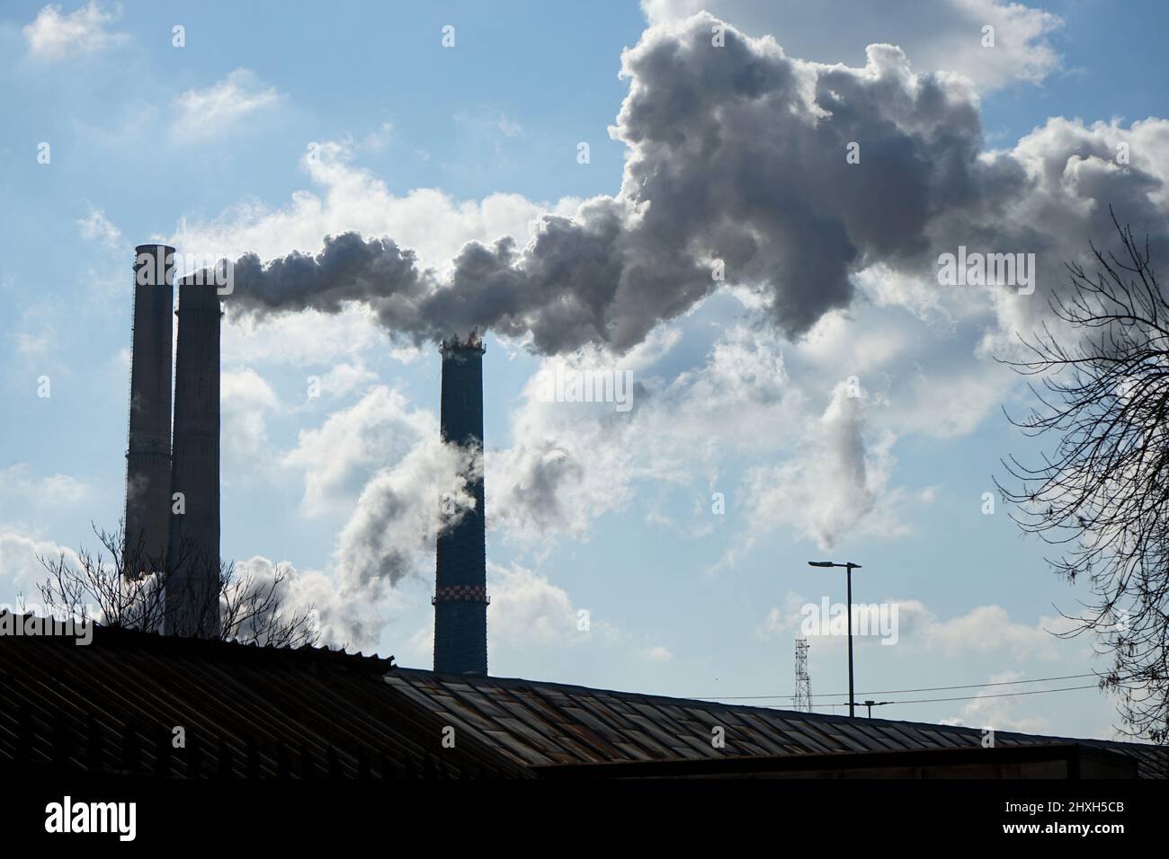 Bucharest, Romania - March 10, 2022: The chimneys of the CET Sud power ...