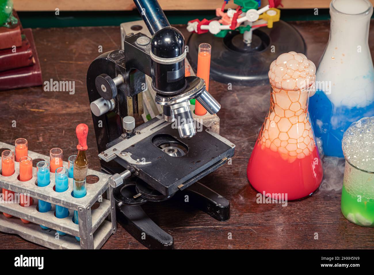 Chemical tests in school lab with DNA model. Chemistry classes with a ...