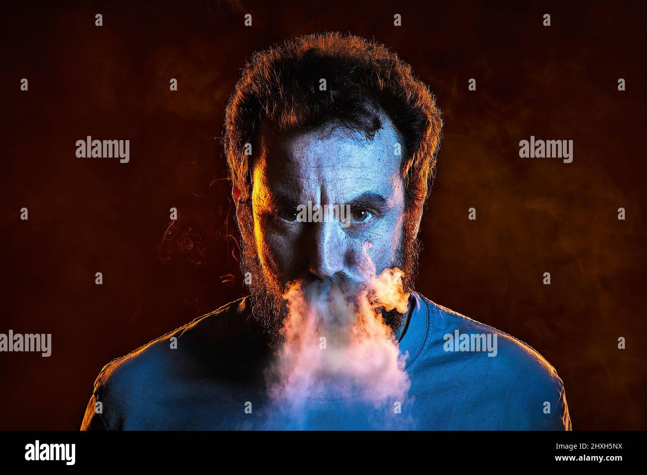 portrait of angry adult man blowing steam from his nose. leadership ...