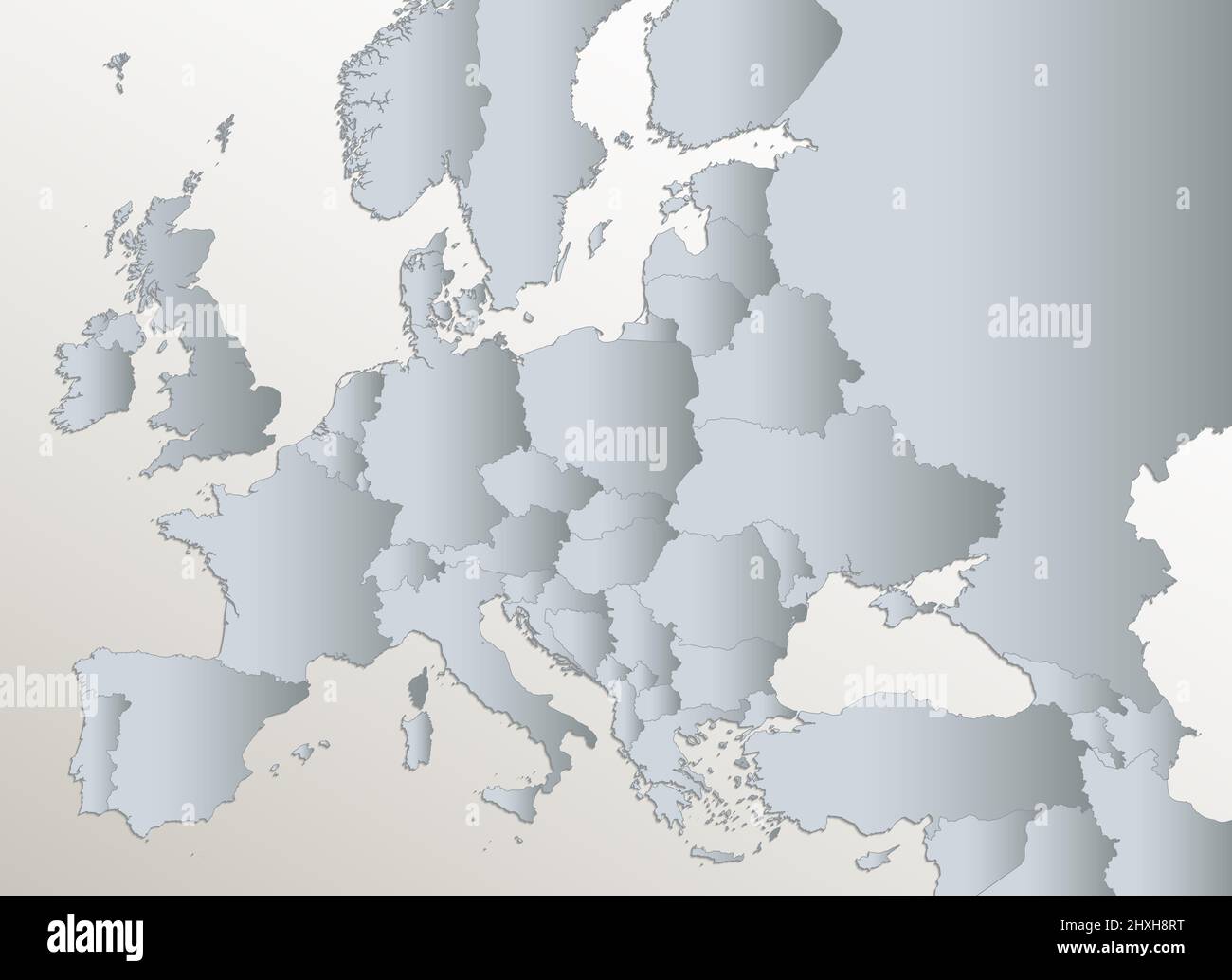 Europe with parts of Asia, detailed map, white blue card paper 3D ...
