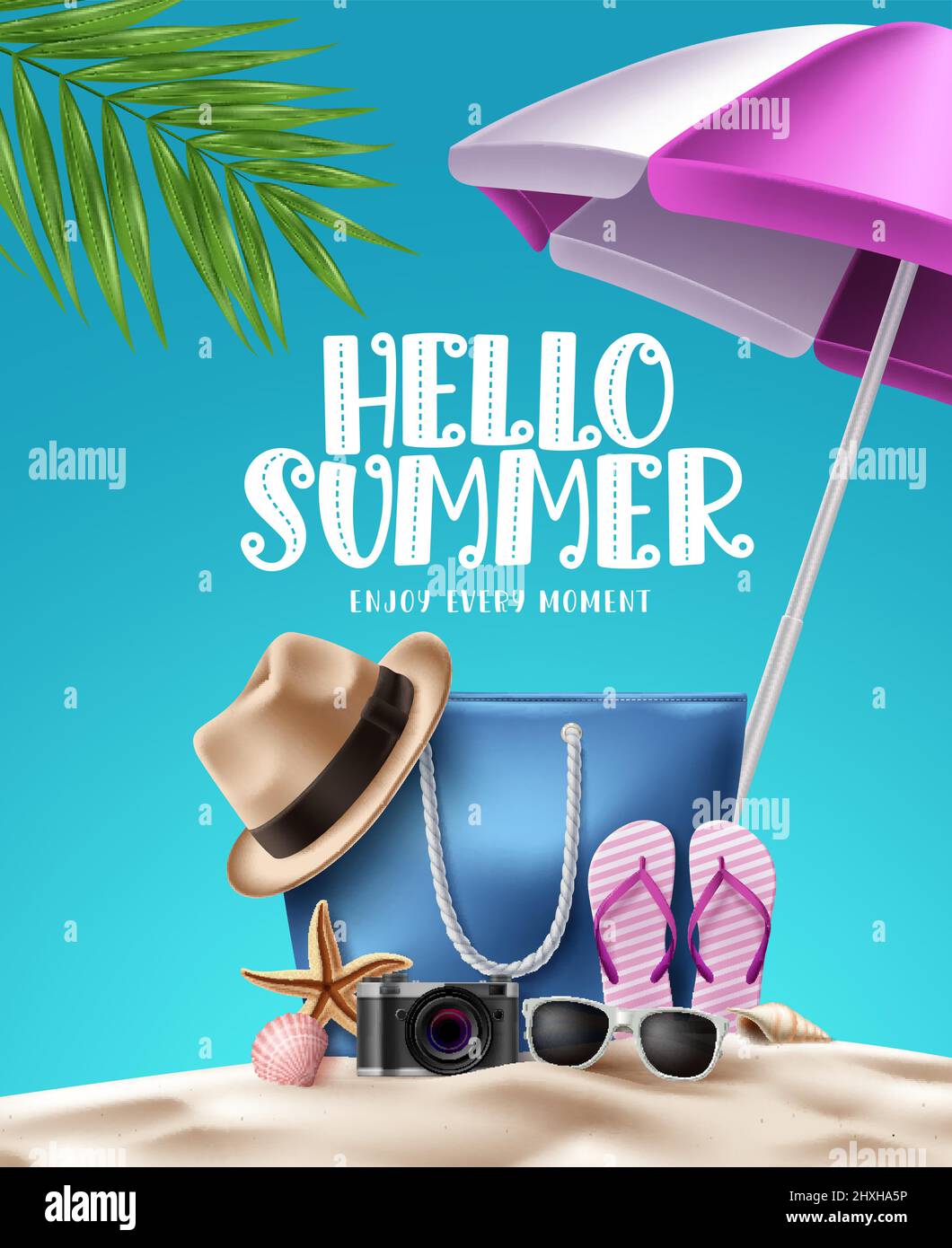 Hello summer vector background. Summer beach elements and hello summer ...