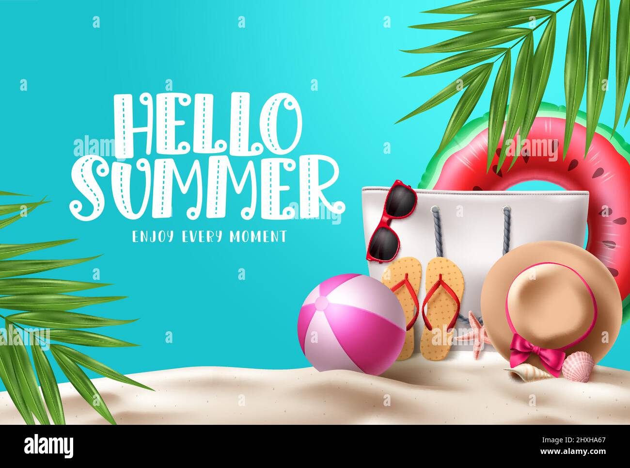 Summer beach vector background design. Hello summer text with colorful ...
