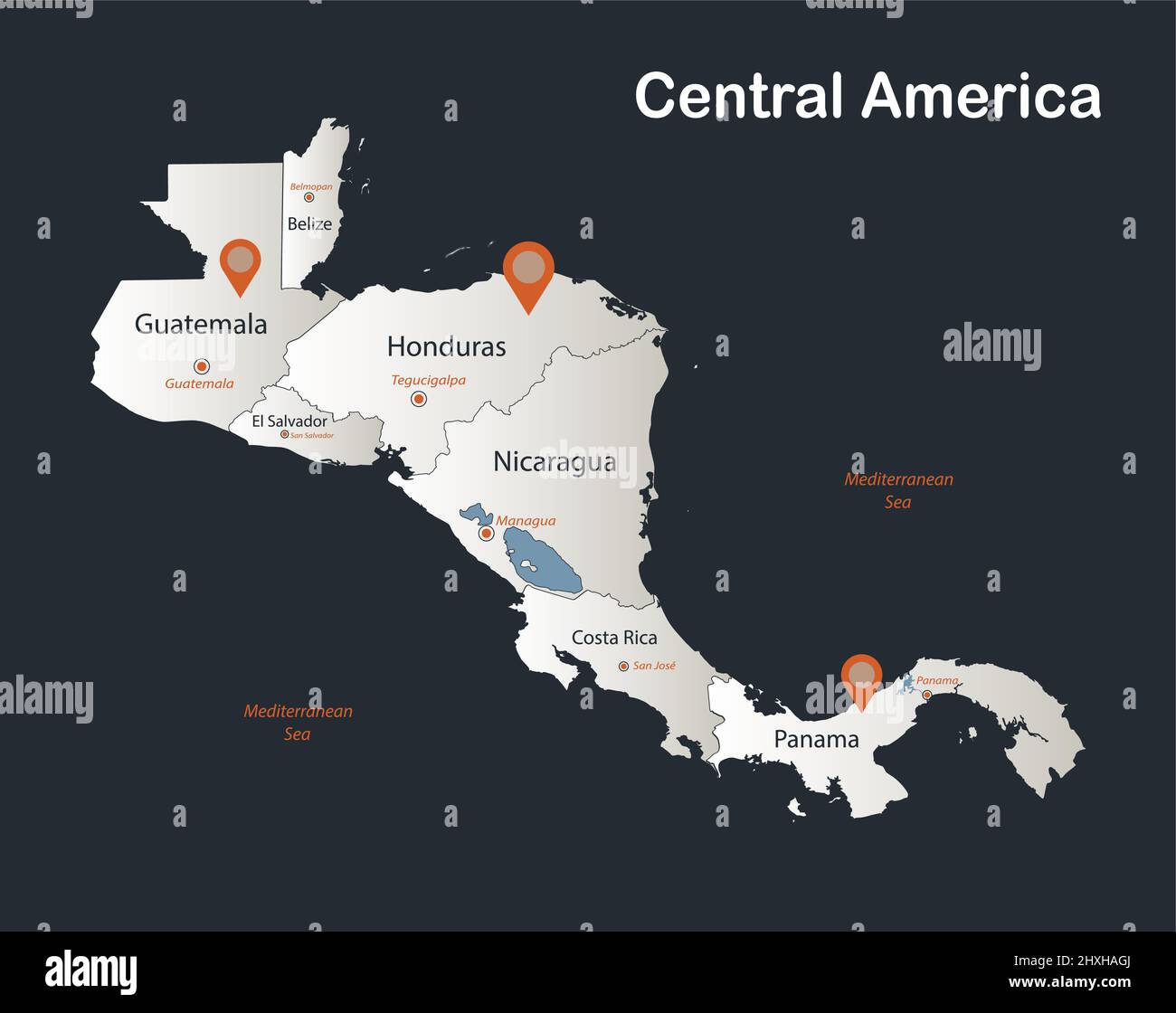 Central America map, Infographics flat design colors snow white, with ...