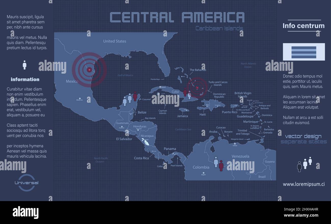 Caribbean islands and Central America map, individual states and ...