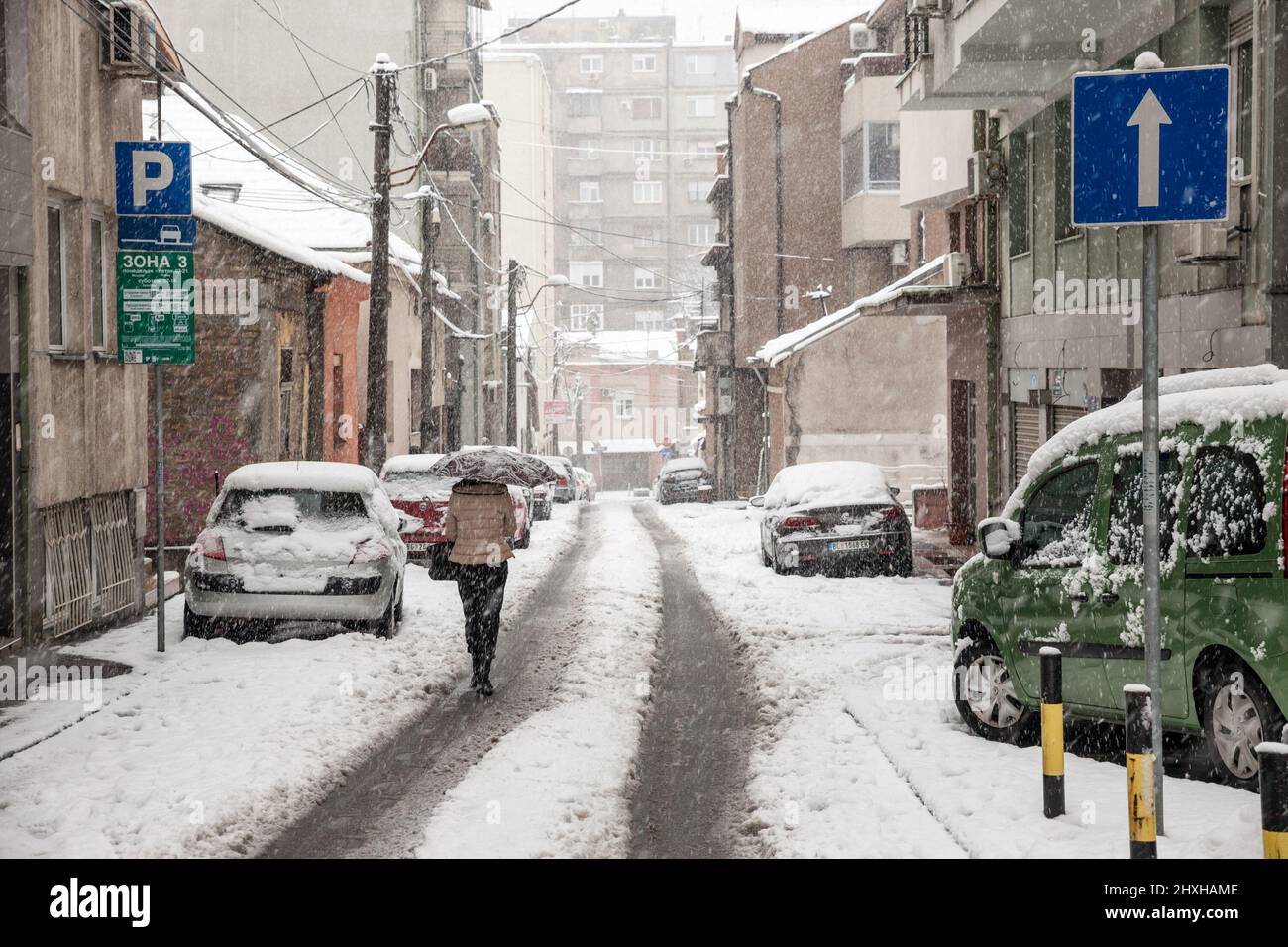 Picture of a belgrade street covered in snow during a snowstorm of ...