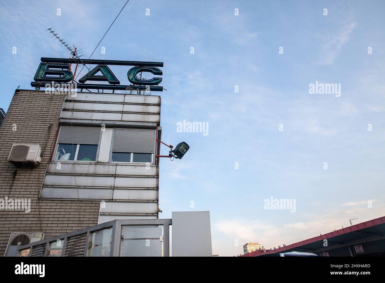 Picture of the main tower of the Belgrade bus station with a logo of ...