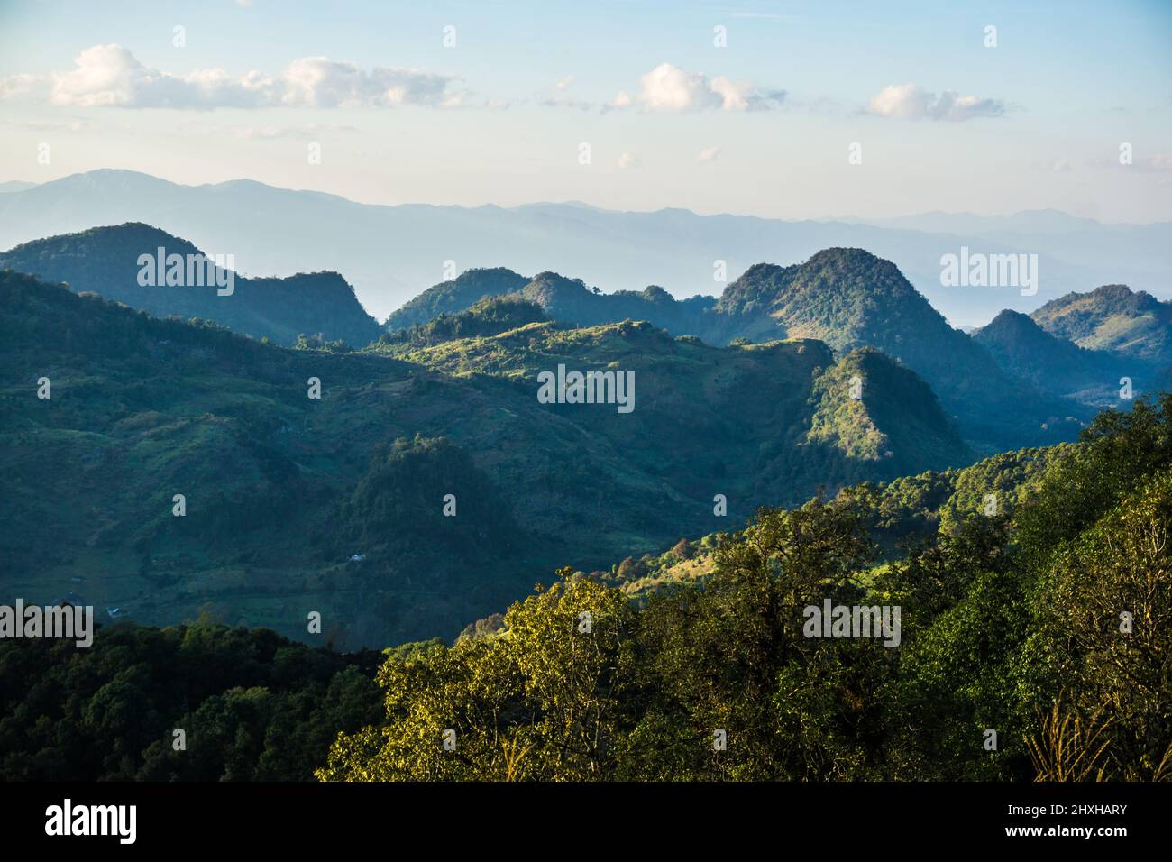Mountain sunset light with green tropical forest nature landscape ...