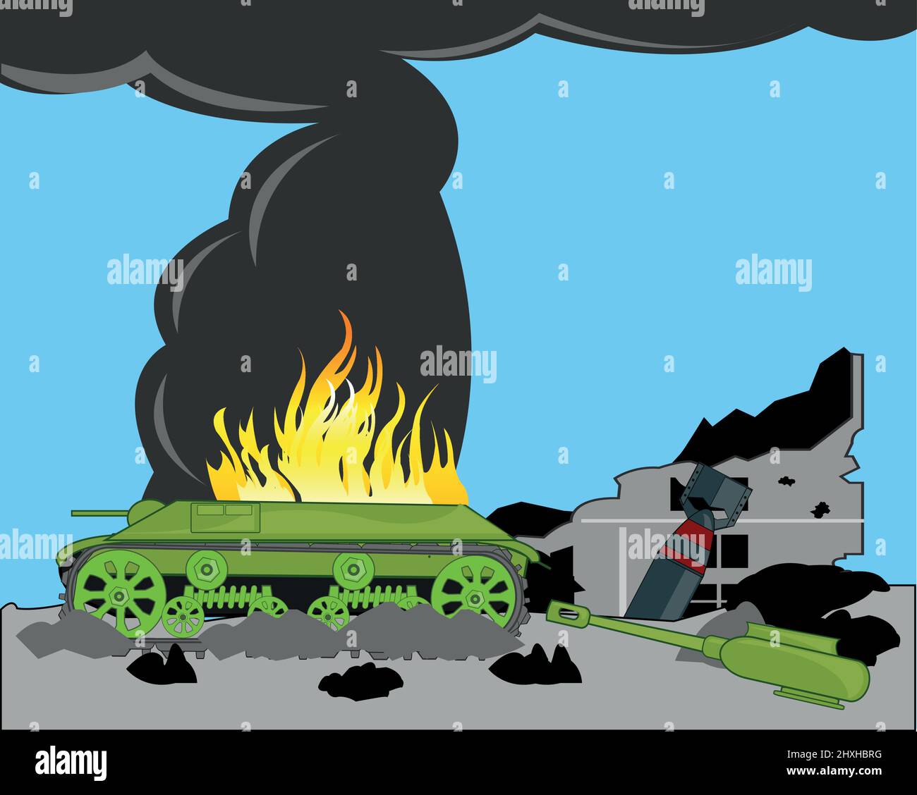 Vector illustration combat action and destroyed burning tank Stock ...