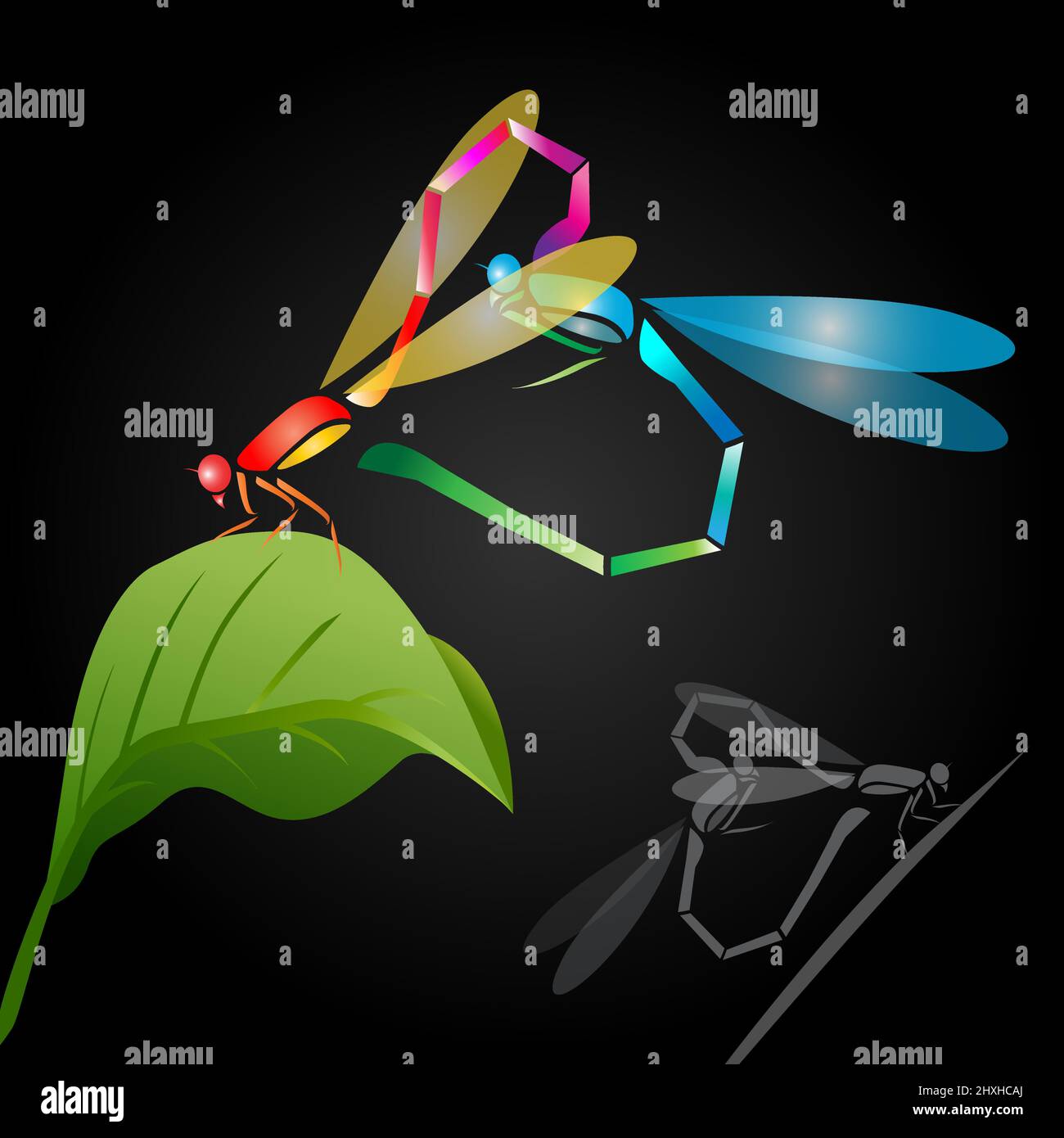 Two dragonfly perched on a leaf. Easy editable layered vector ...