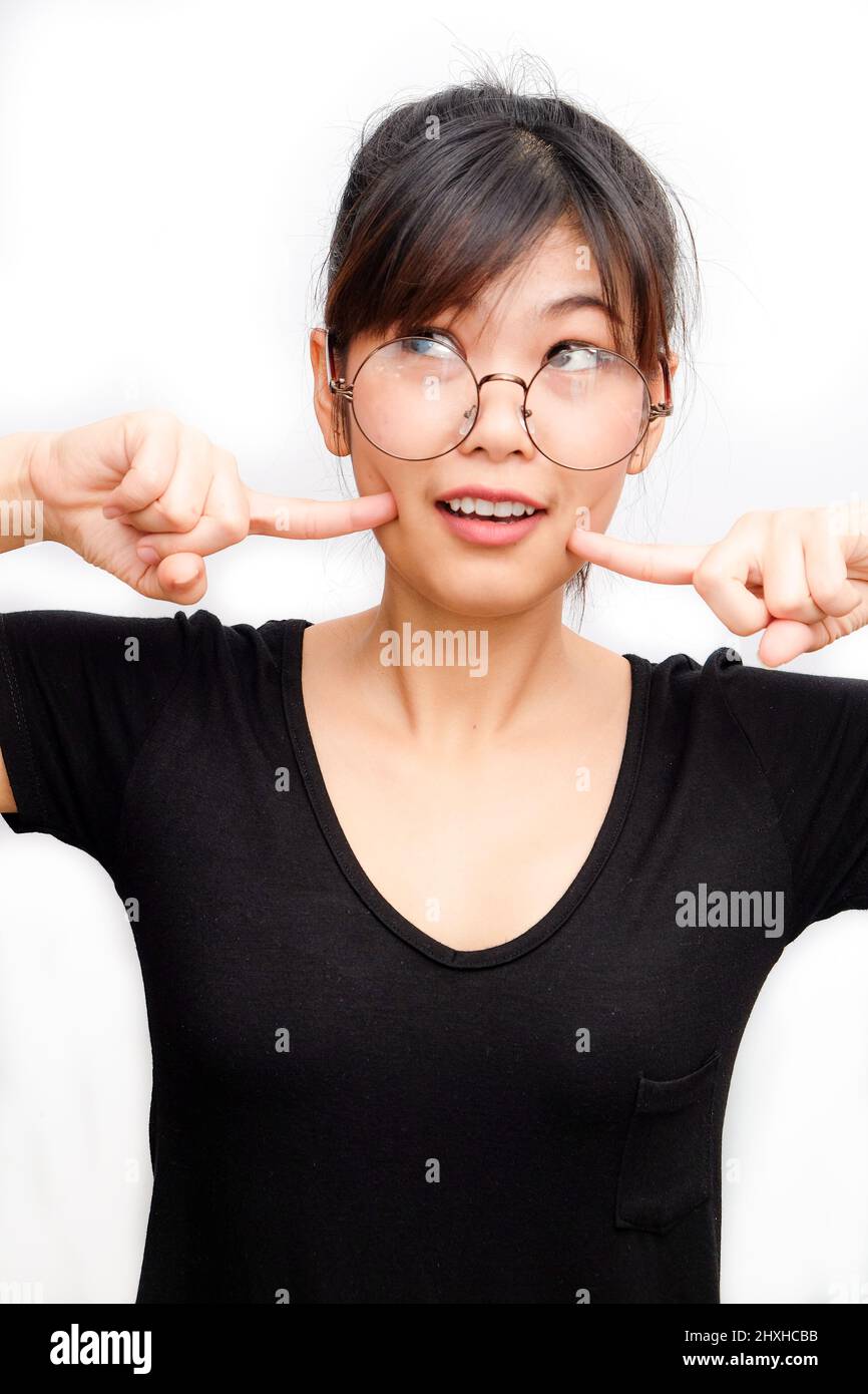 Beautiful glasses smiling women on white background beauty fashion ...