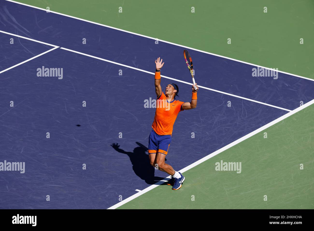 March 12, 2022 Rafael Nadal of Spain serves against Sebastian Korda ...