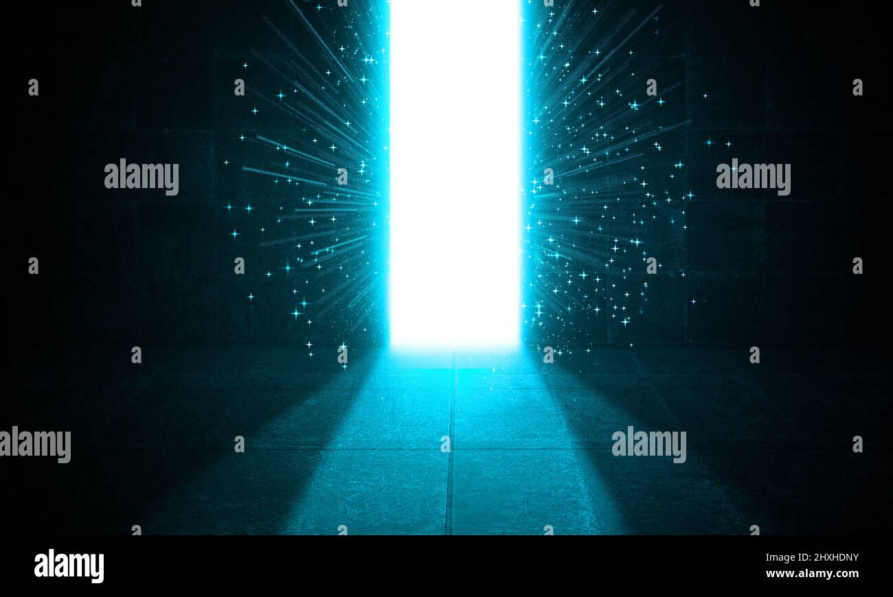 Shiny Light through The Starry Door or Stripe Doorway. Concrete dark ...